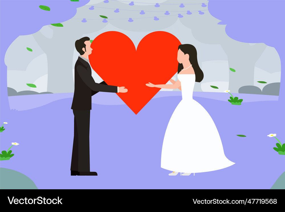 Bride and groom holding hearts Royalty Free Vector Image