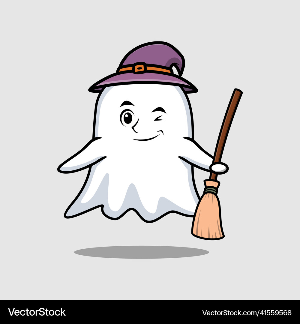 Cute cartoon witch ghost with hat and broomstick Vector Image
