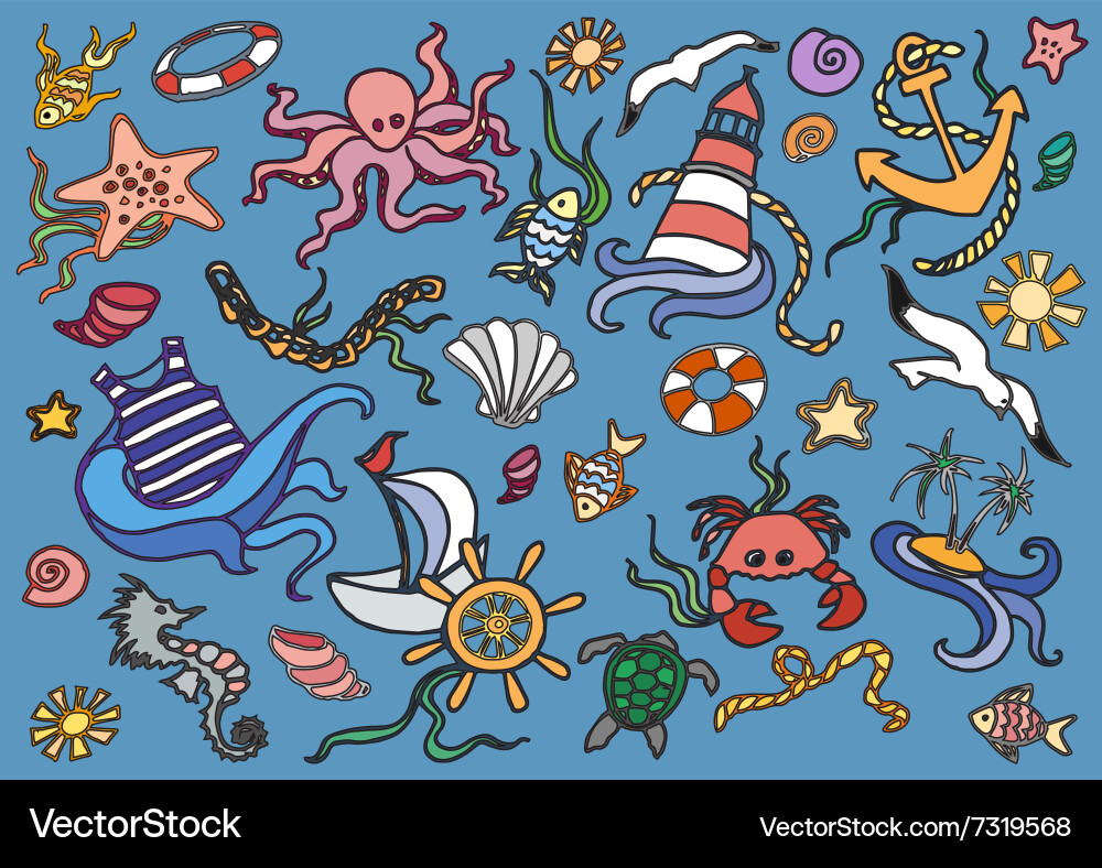 Doodle set of sea Royalty Free Vector Image - VectorStock