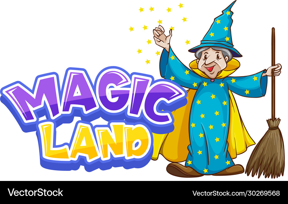 Font design for word magic land with old wizard Vector Image