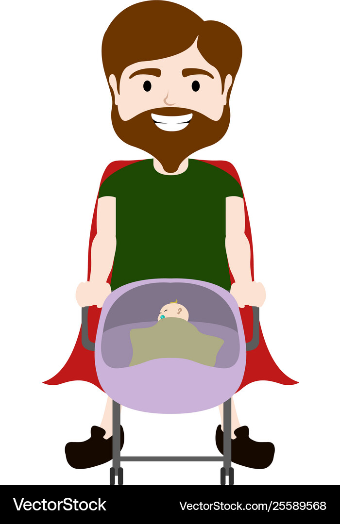 Super dad character with a baby on a stroller Vector Image