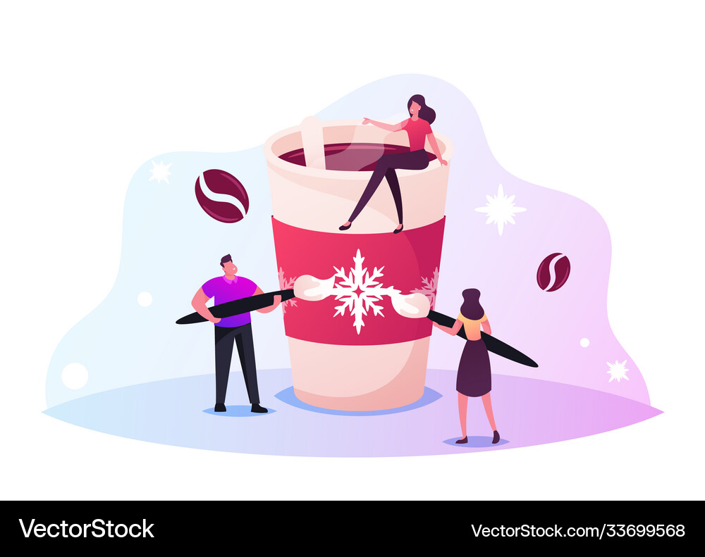 Tiny male female characters decorating huge cup Vector Image