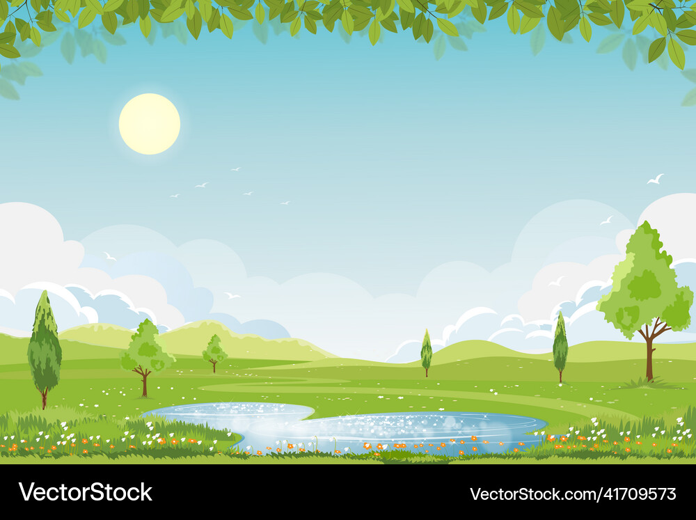 Spring landscape in village with lake view Vector Image