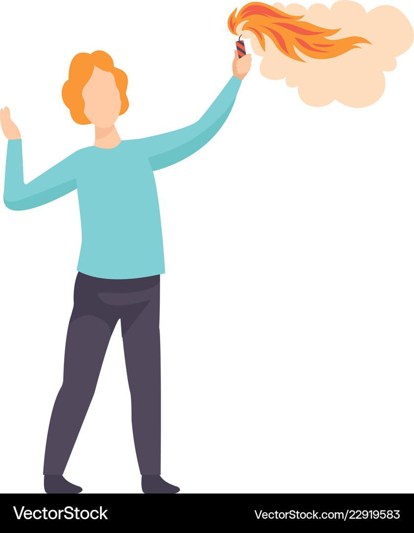 Young man holding burning flare with smoke guy Vector Image