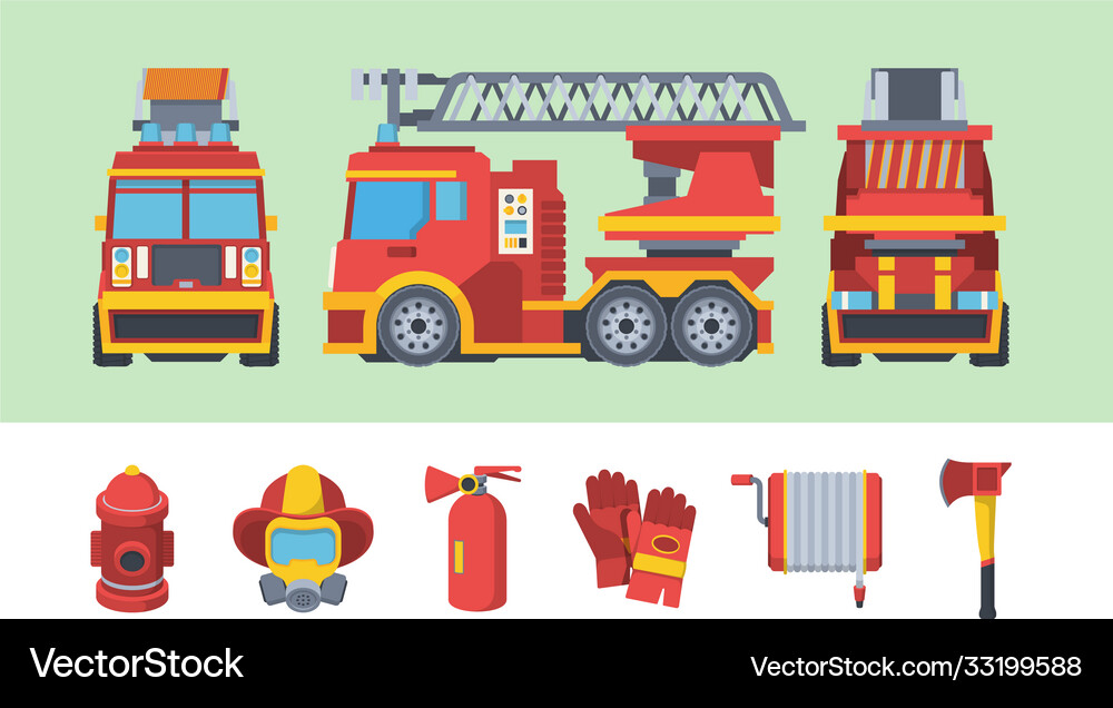 Fireman set special fire fighting vehicle fleet Vector Image