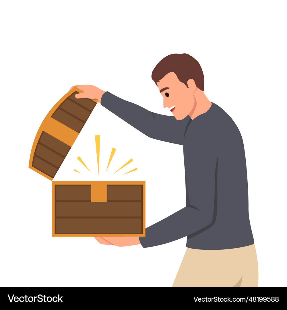 Man with open chest filled with treasures Vector Image
