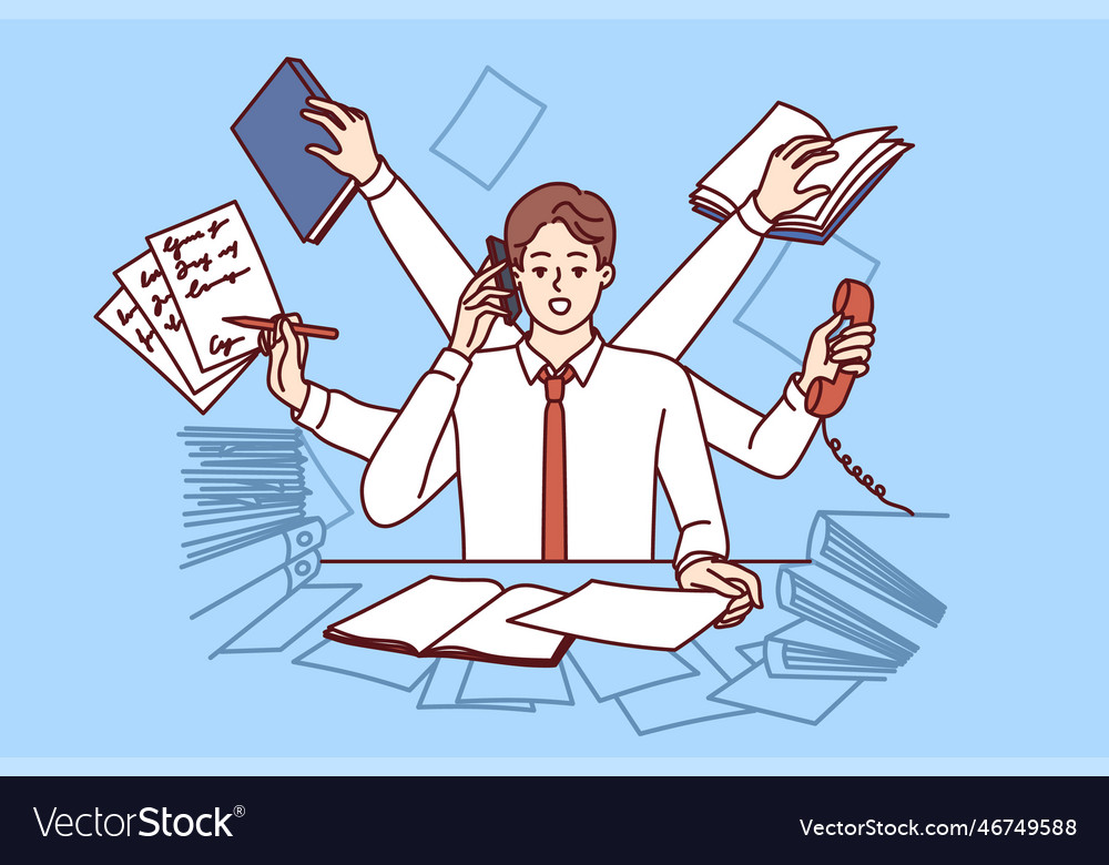 Multi-armed man multitasking with documents and Vector Image
