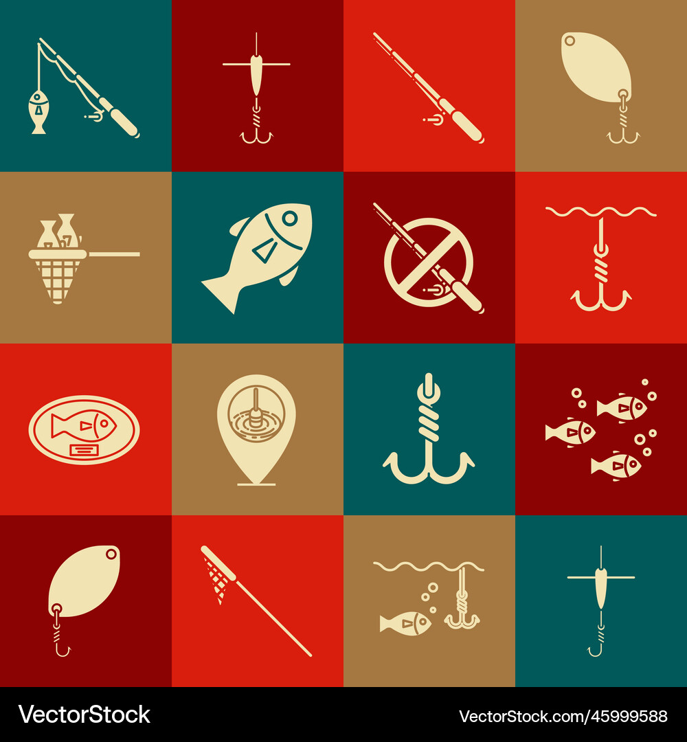 Set fishing hook and float under water rod net Vector Image