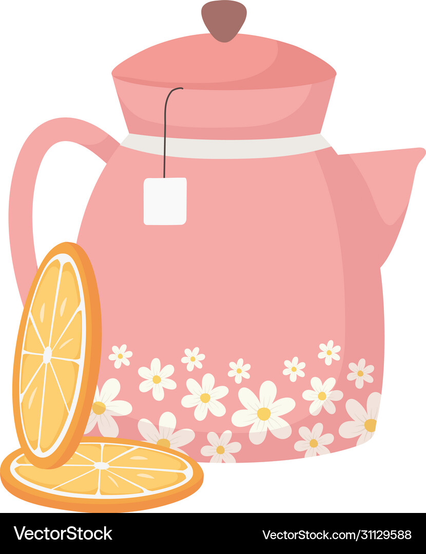 Tea time pot and slices orange beverage Royalty Free Vector