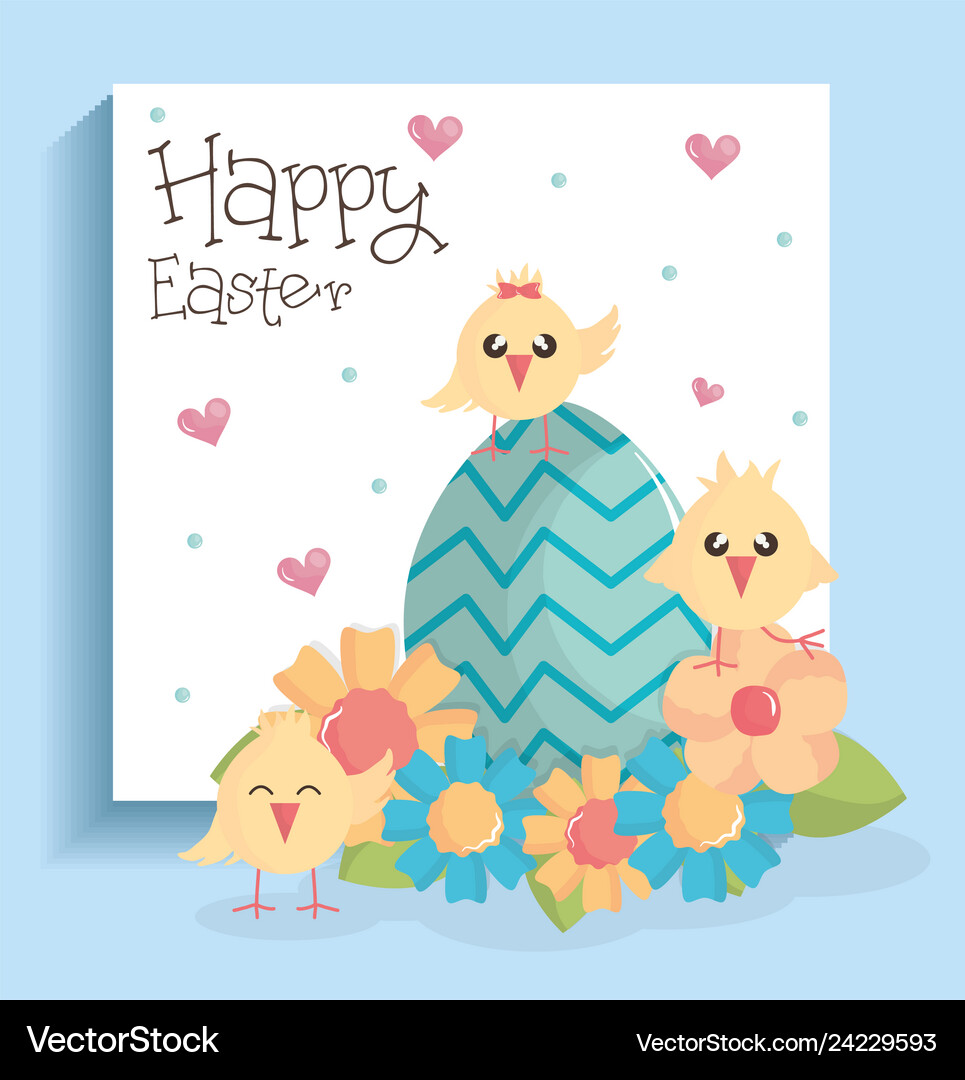 Cute little chicks with egg painted and flowers Vector Image