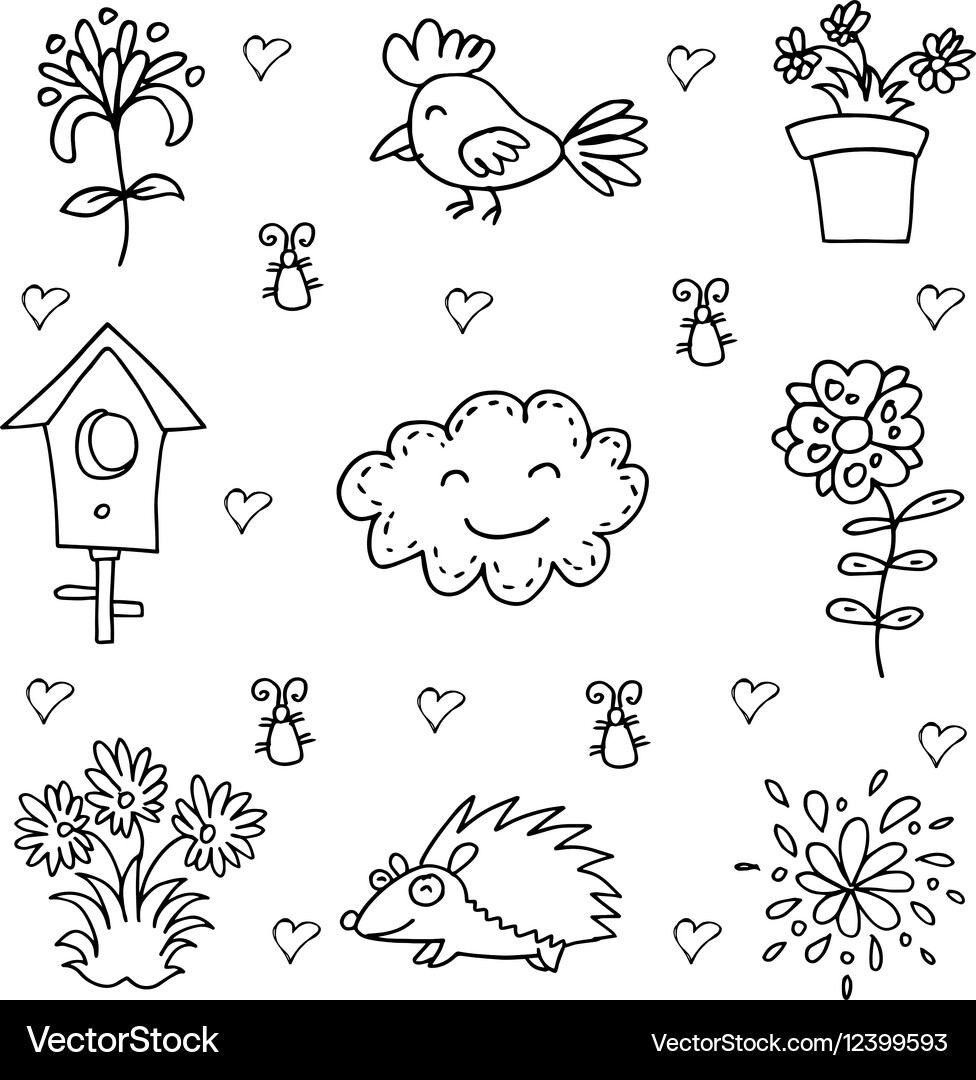 Doodle of spring flower and bird Royalty Free Vector Image