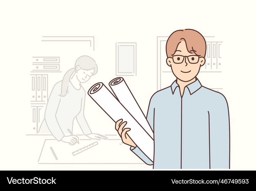 Man architect stands in office with drawings in Vector Image
