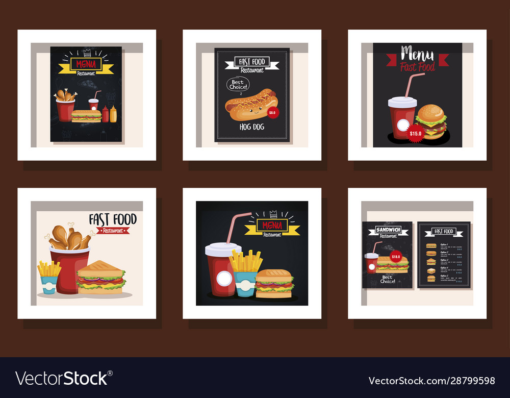 Bundle cards menu and delicious fast food Vector Image