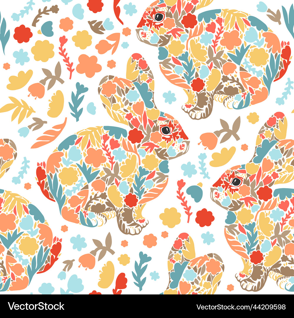 Seamless pattern of rabbits and flowers Royalty Free Vector