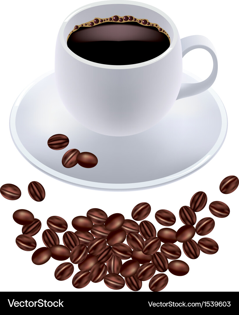 Black coffee in white cup and grains Royalty Free Vector