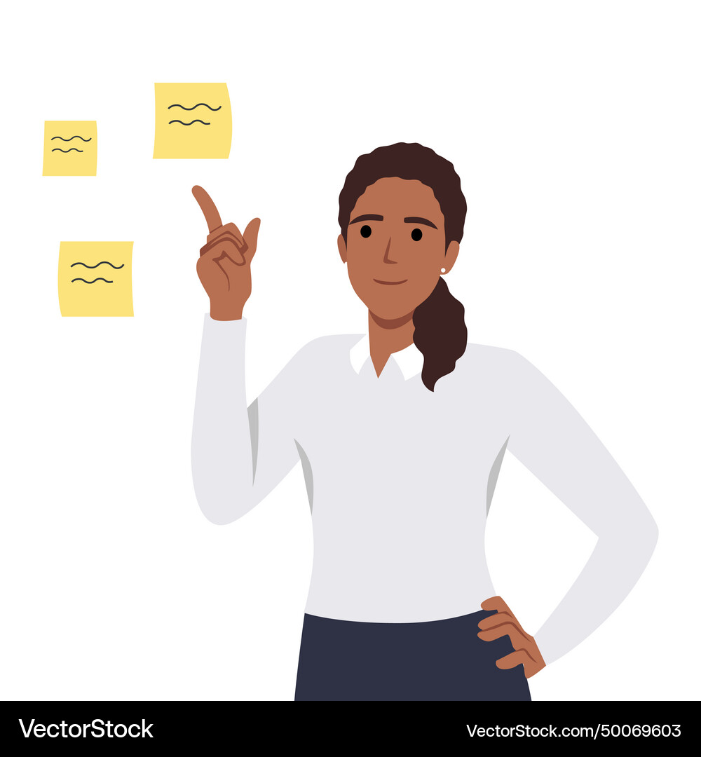 Young businesswoman point at sticky notes Vector Image