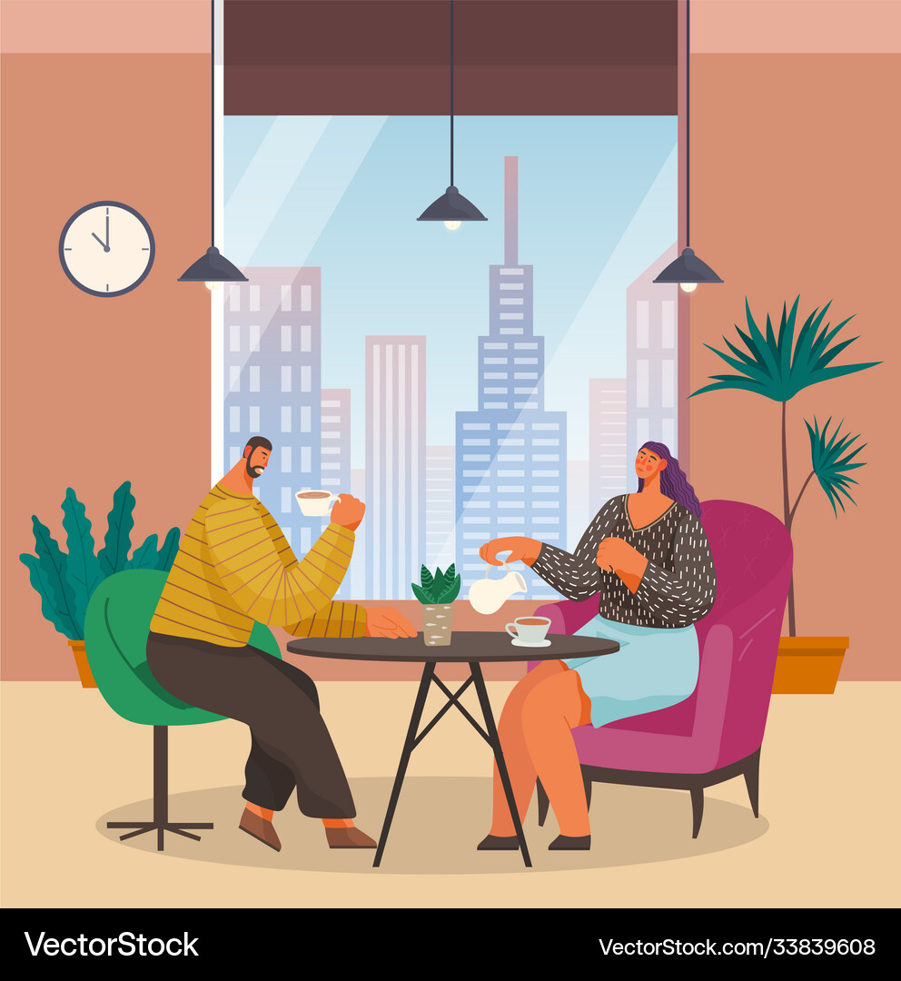 Cartoon characters drink tea at table at home Vector Image