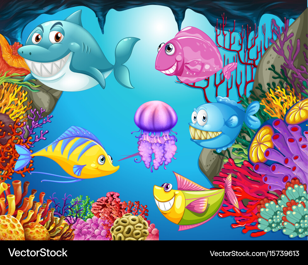 Many sea animals in ocean Royalty Free Vector Image