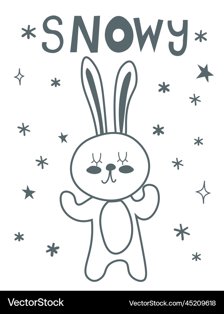 Cute line rabbit with snowy text snowflakes Vector Image