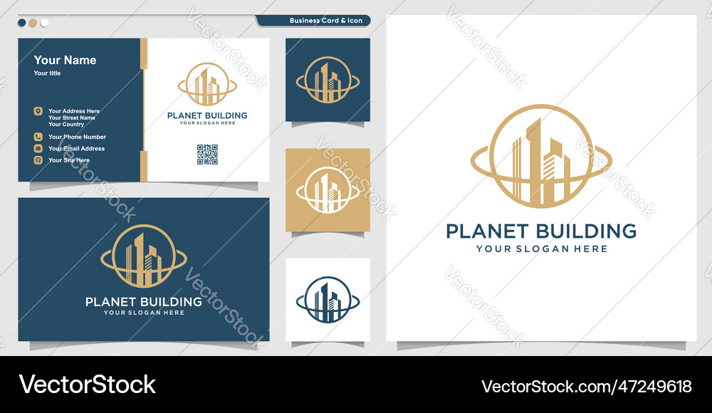 Planet logo with building line art style Vector Image