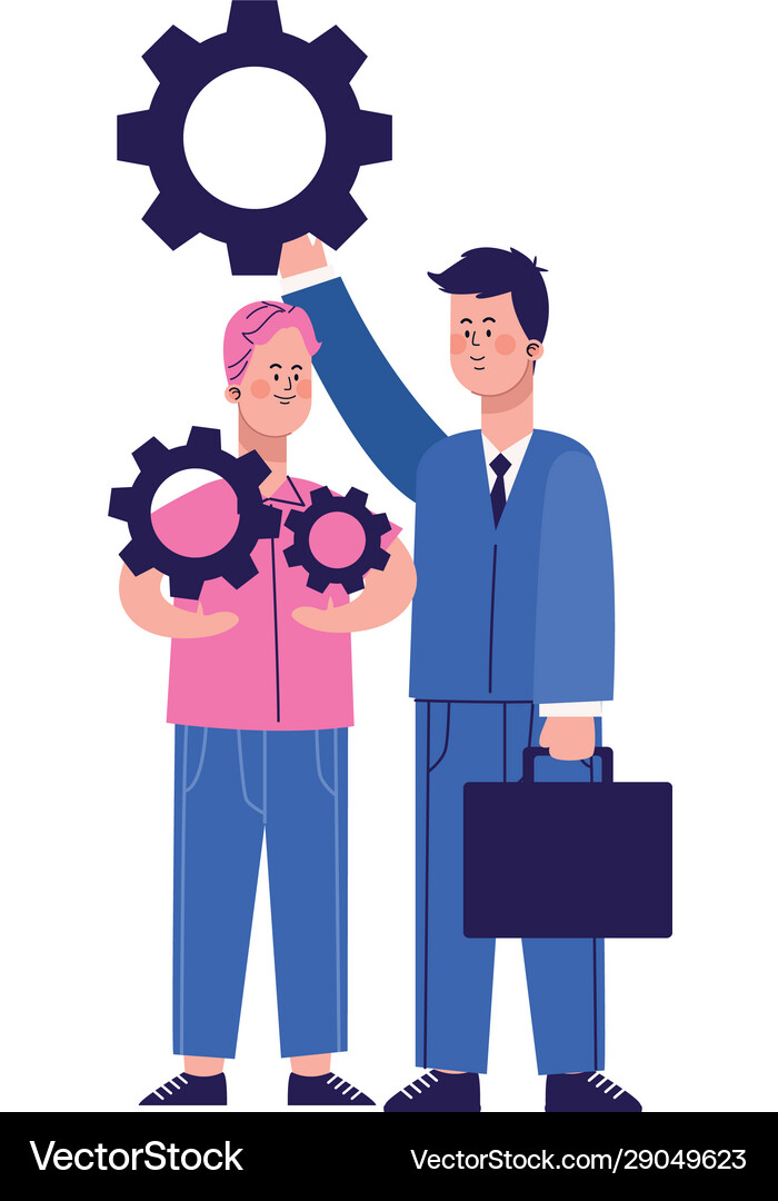 Cartoon men with gear wheels Royalty Free Vector Image