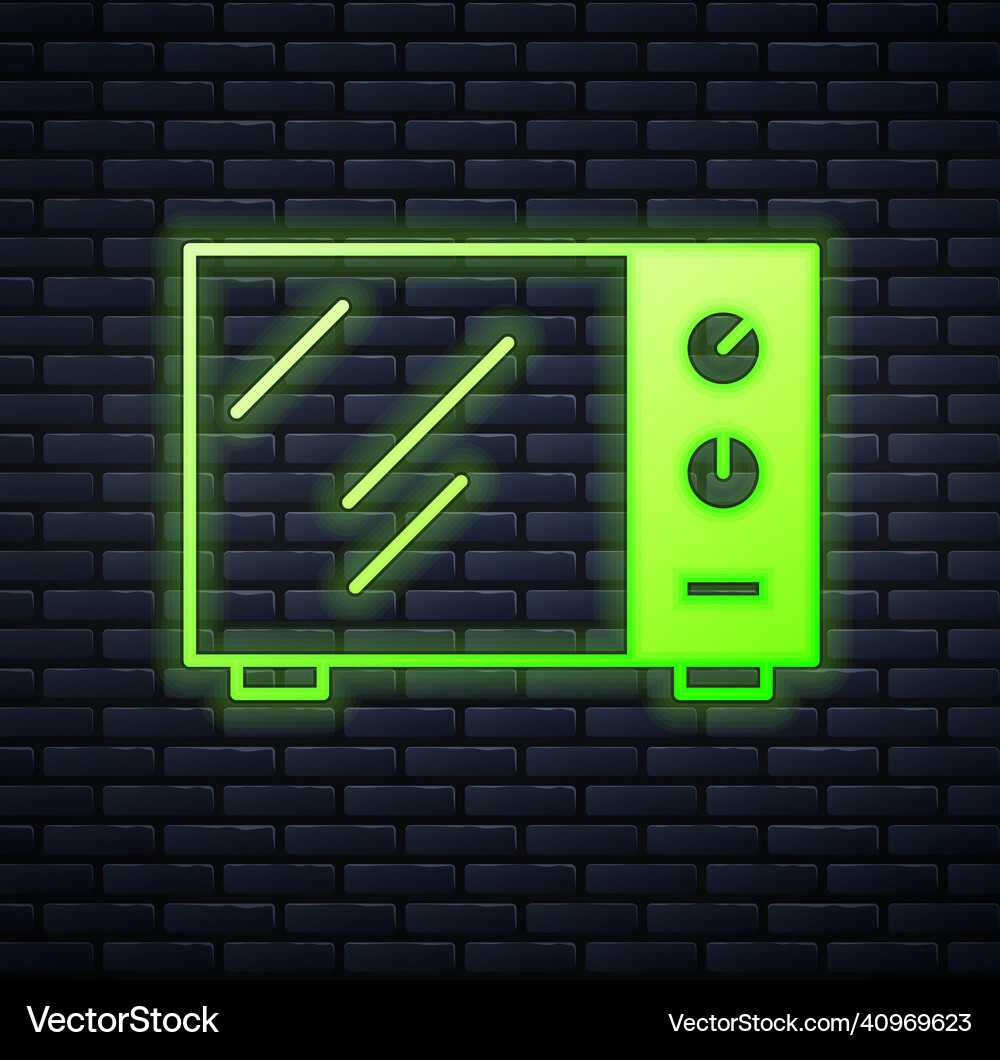 Glowing neon microwave oven icon isolated on brick