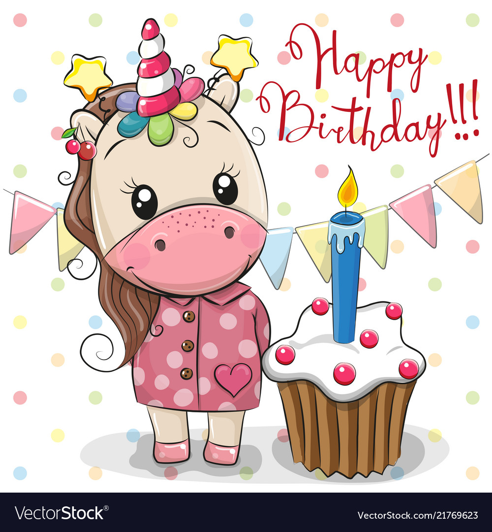 Greeting card cute unicorn with cake Royalty Free Vector Greeting card cute unicorn with cake Royalty Free Vector