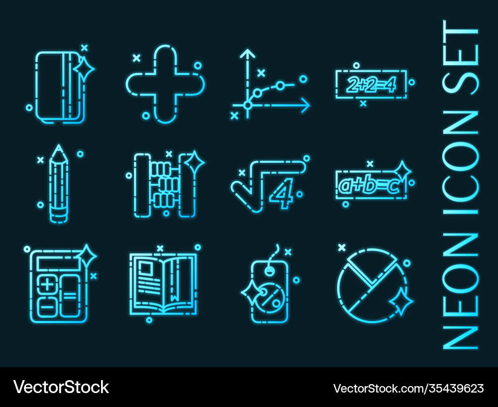 Set algebra blue glowing neon icons Royalty Free Vector