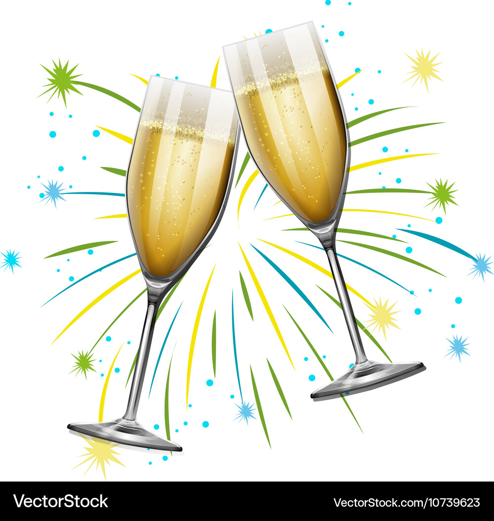 Two glasses of champagne with firework background Vector Image