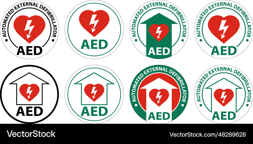 Floor sign aed with defib heart red border Vector Image