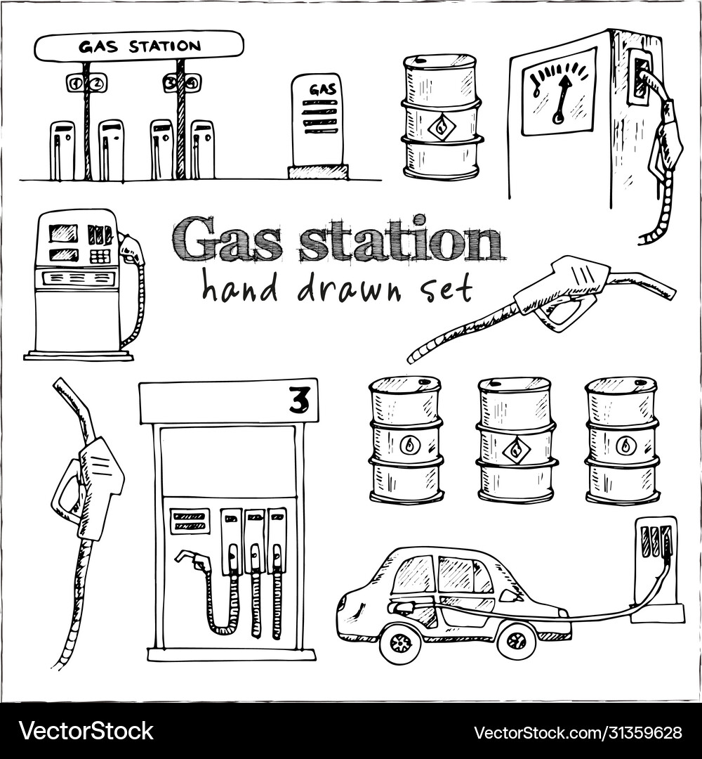 Gas station isolated hand drawn doodles Royalty Free Vector