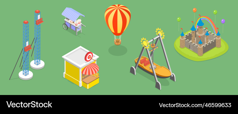 3d isometric flat set of amusement park Royalty Free Vector