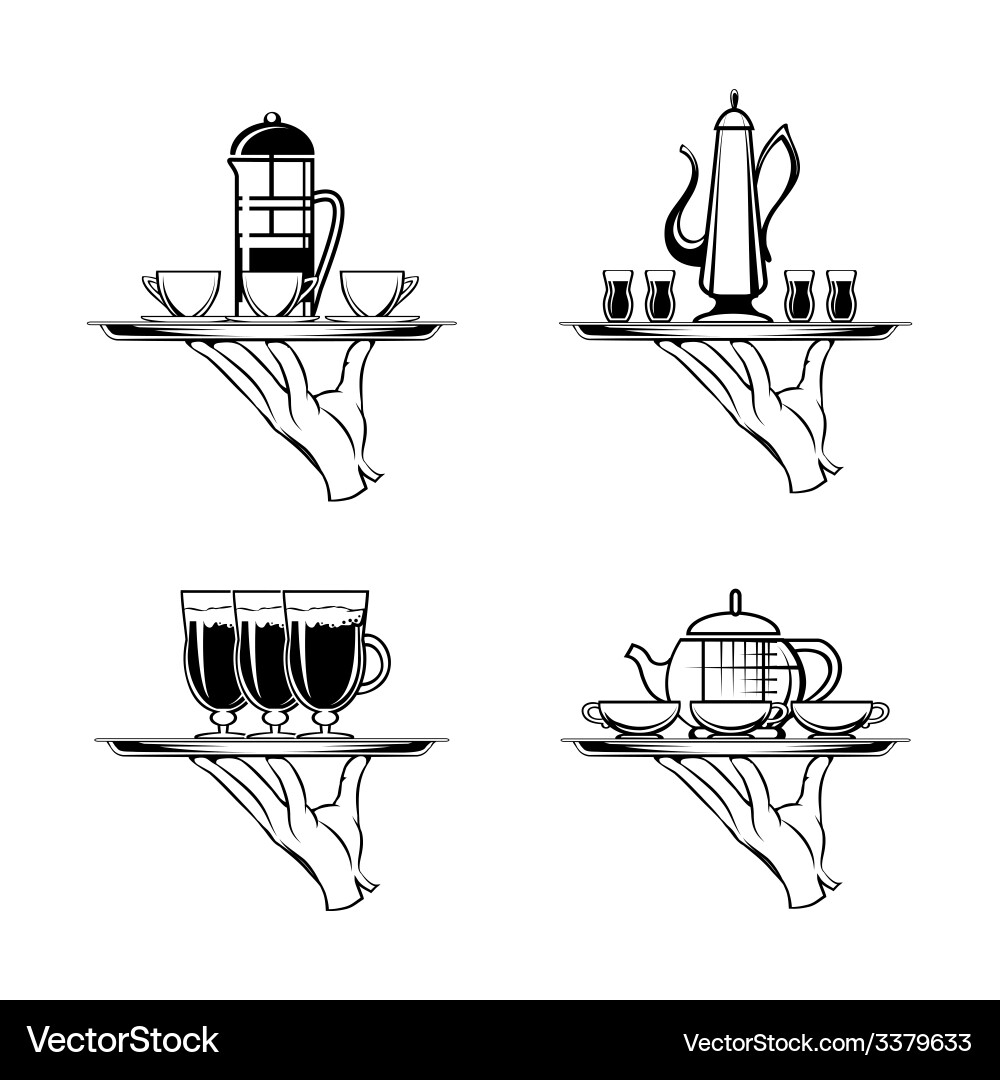 Holding Tray with Coffee or Tea and Cups Vector Image