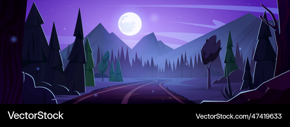 Night road in forest full moon landscape Vector Image
