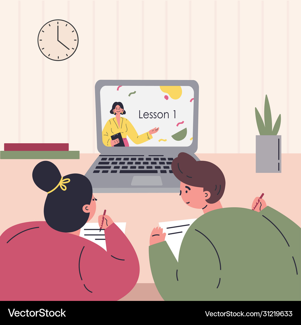 Online educationkids learn lessons on laptop Vector Image