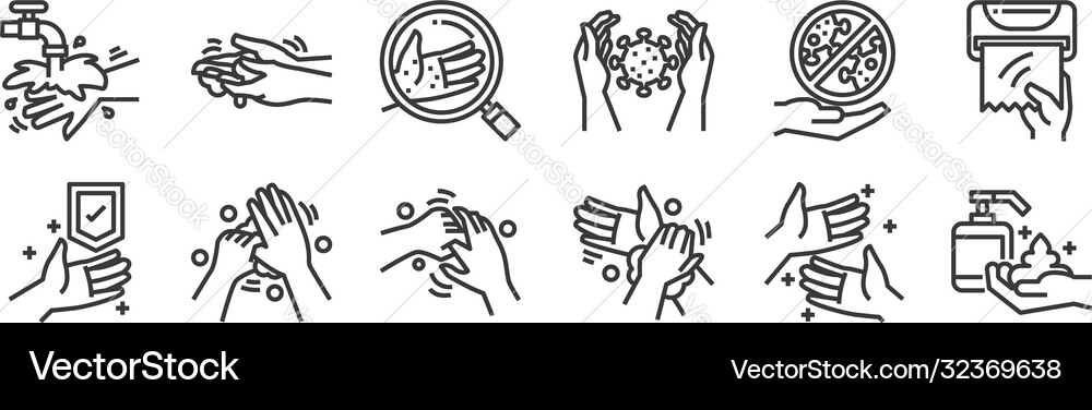 12 set linear washing hand icons thin outline Vector Image