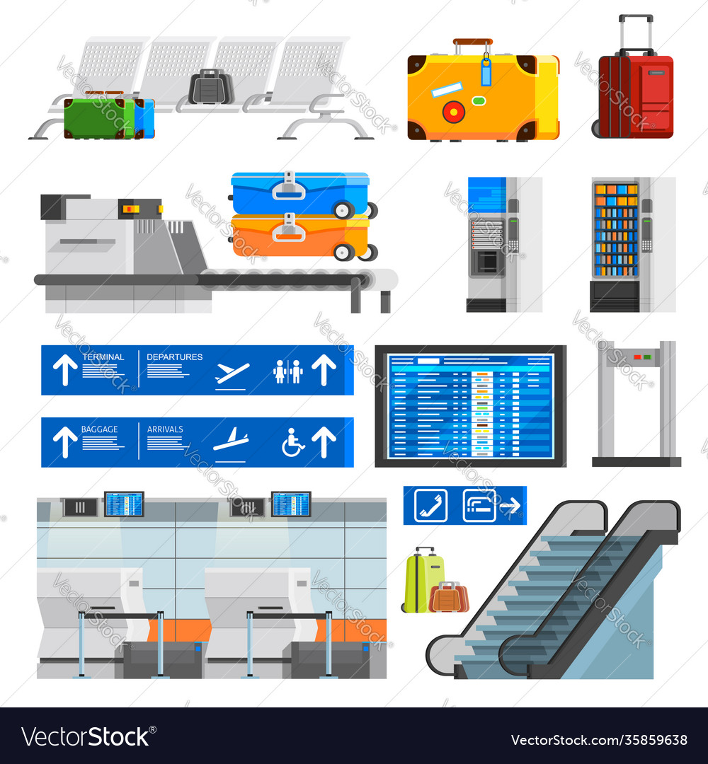 Airport interior flat color decorative icons set Vector Image Airport interior flat color decorative icons set Vector Image