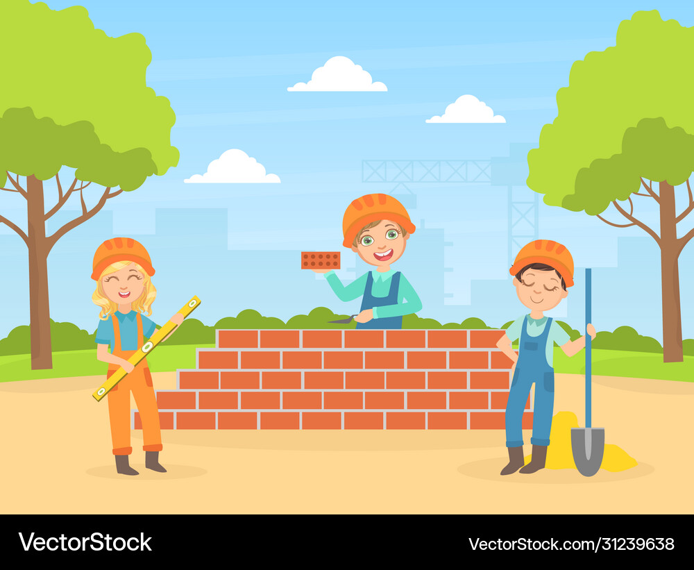 Cute children in helmets building brick wall Vector Image