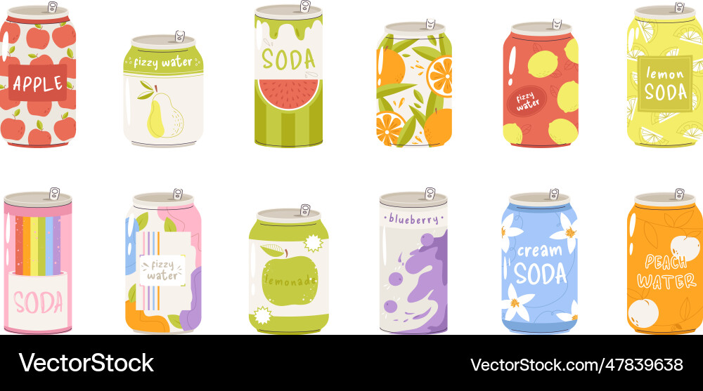 Drinks in cans different soda beverage can juicy Vector Image