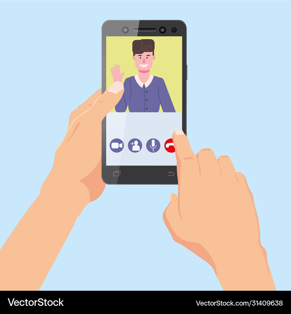 Hand holds smartphone video conference team Vector Image