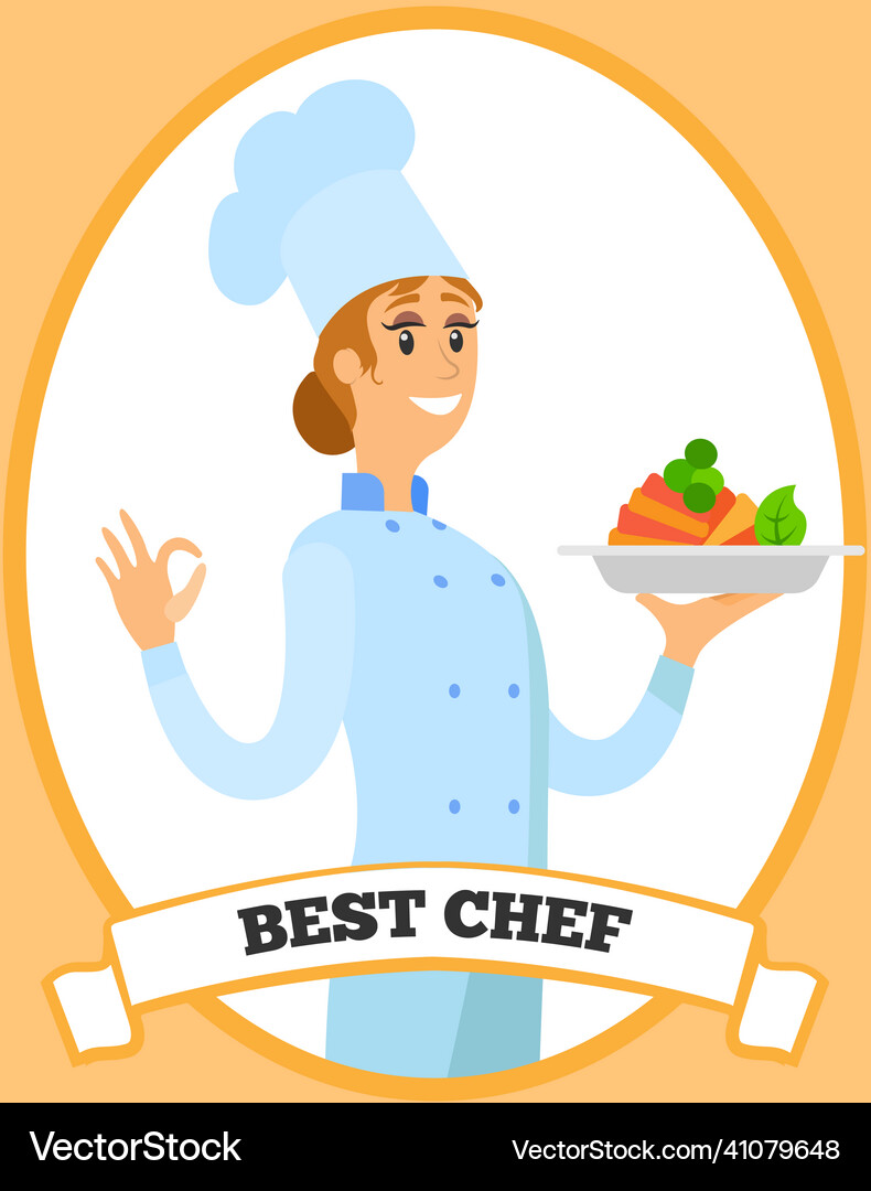 Female kitchener serves dish from chef healthy Vector Image