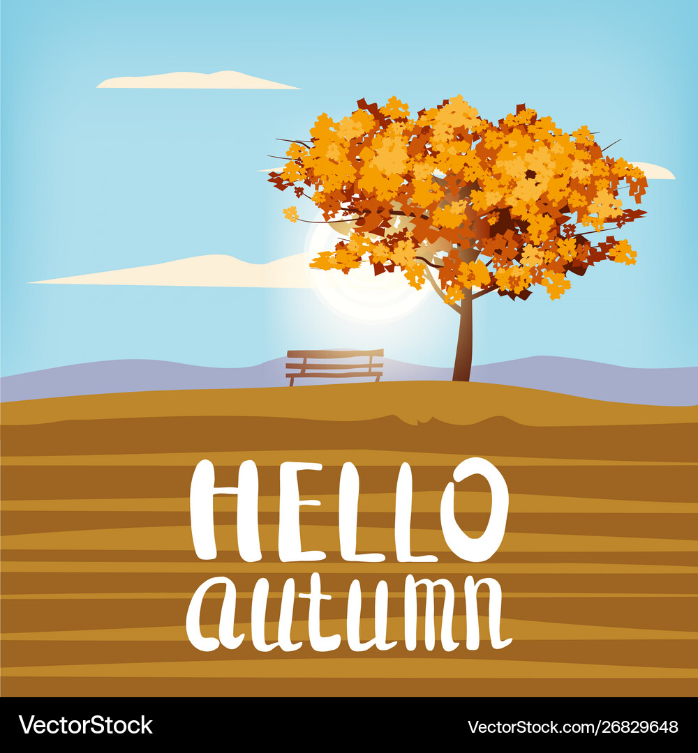 Hello autumn landscape tree lettering rural Vector Image