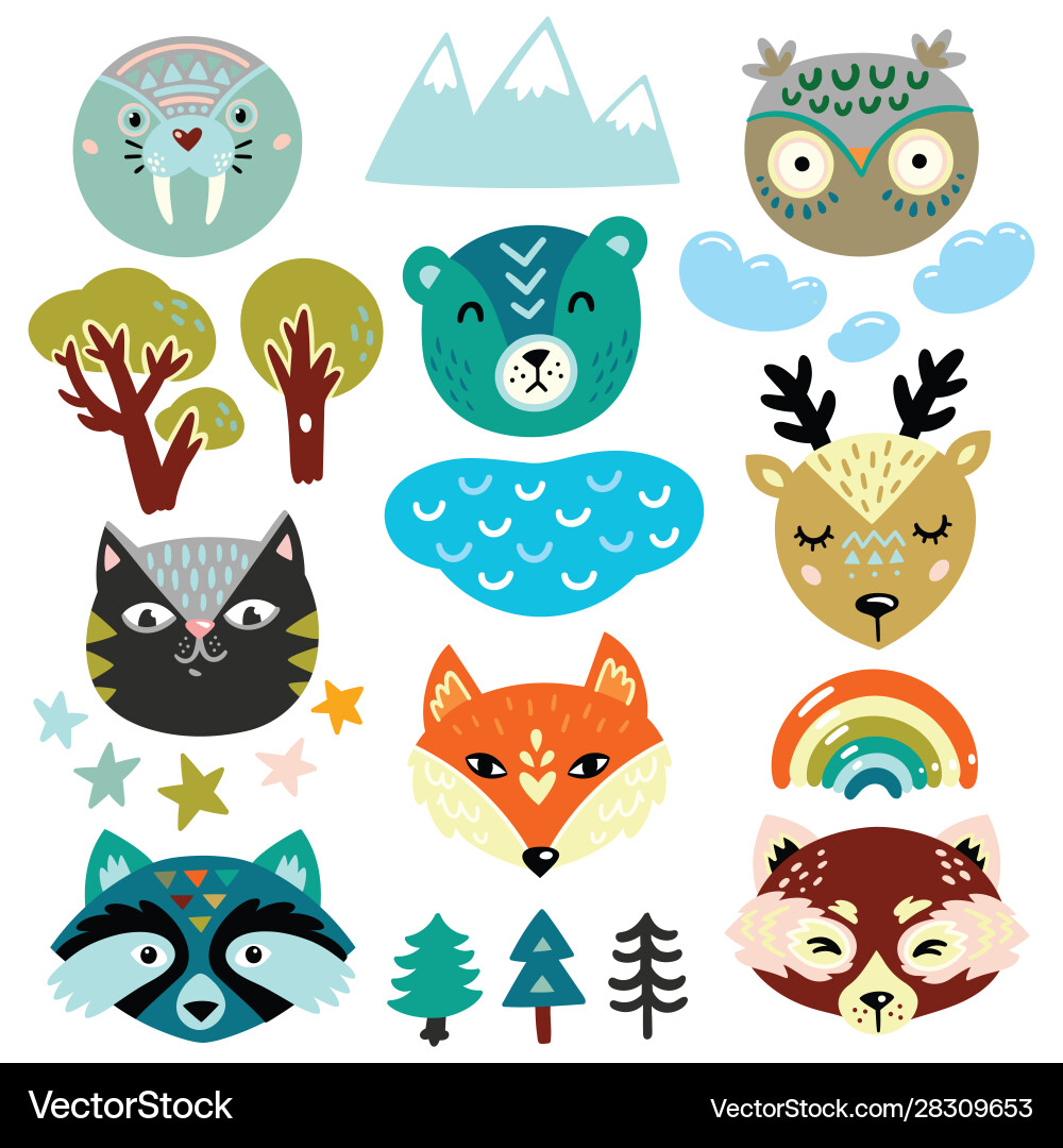 Fantasy nature elements and animals heads Vector Image