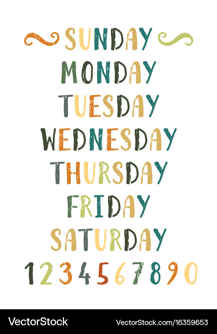 Handwritten grunge colorful days week Royalty Free Vector