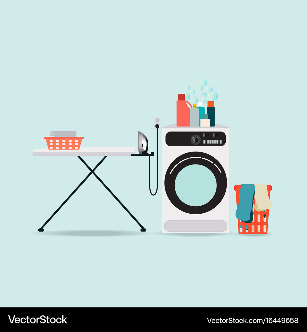 Laundry room with washing machine and ironing Vector Image