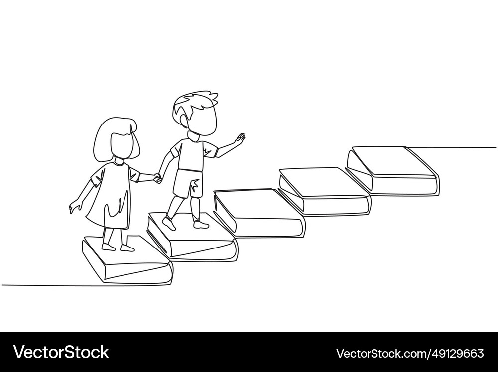 Continuous one line drawing the kids climb stairs Vector Image