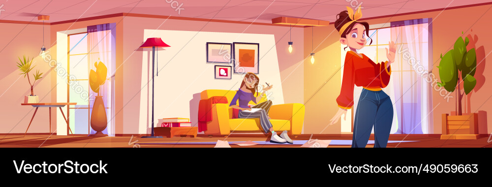 Female roommates in modern apartment Royalty Free Vector