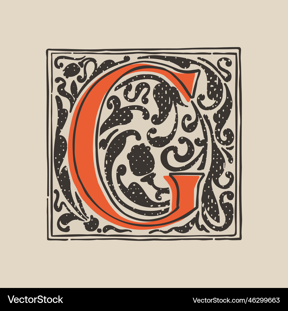 G letter drop cap logo in medieval engraving Vector Image