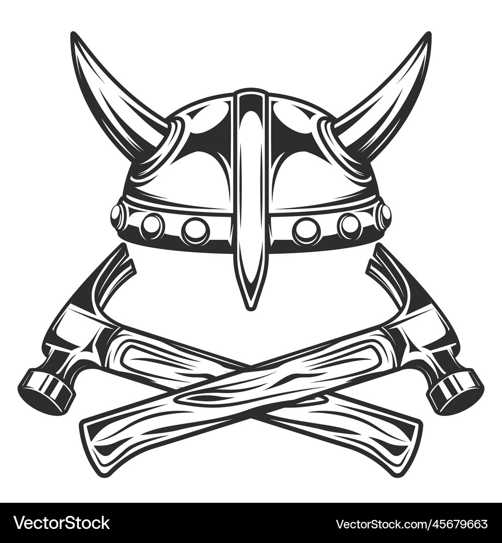 Viking horned helmet and crossed builder hammer Vector Image