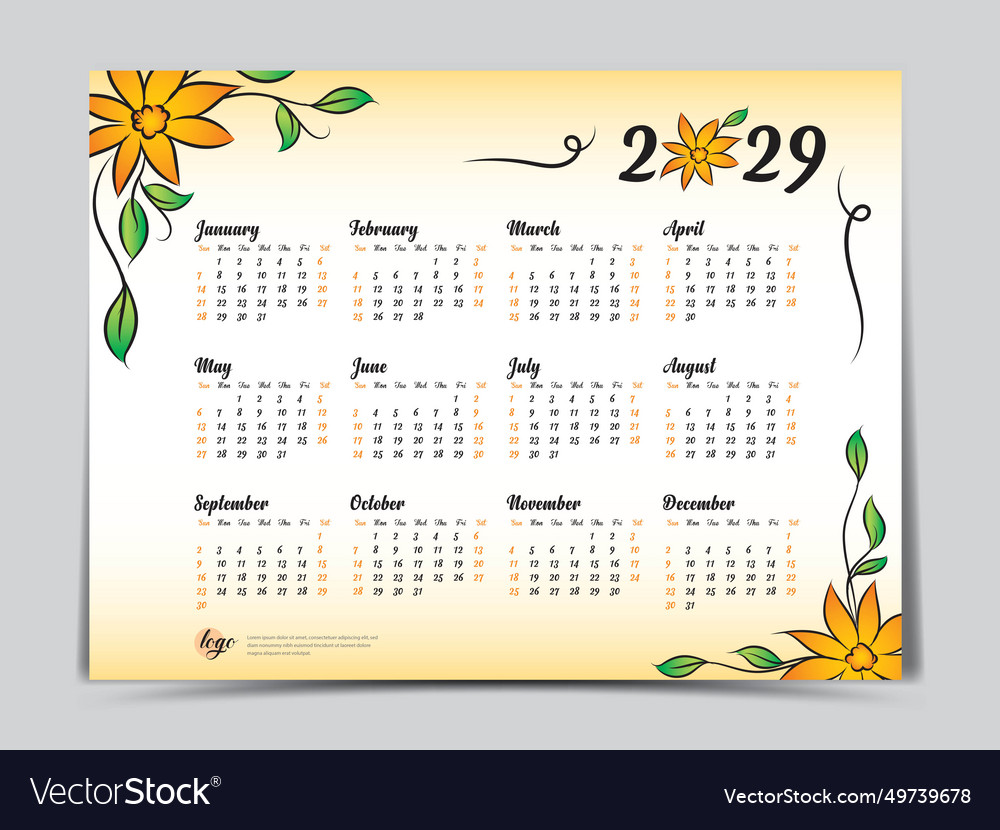 Calendar 2029 template yellow flowers design Vector Image